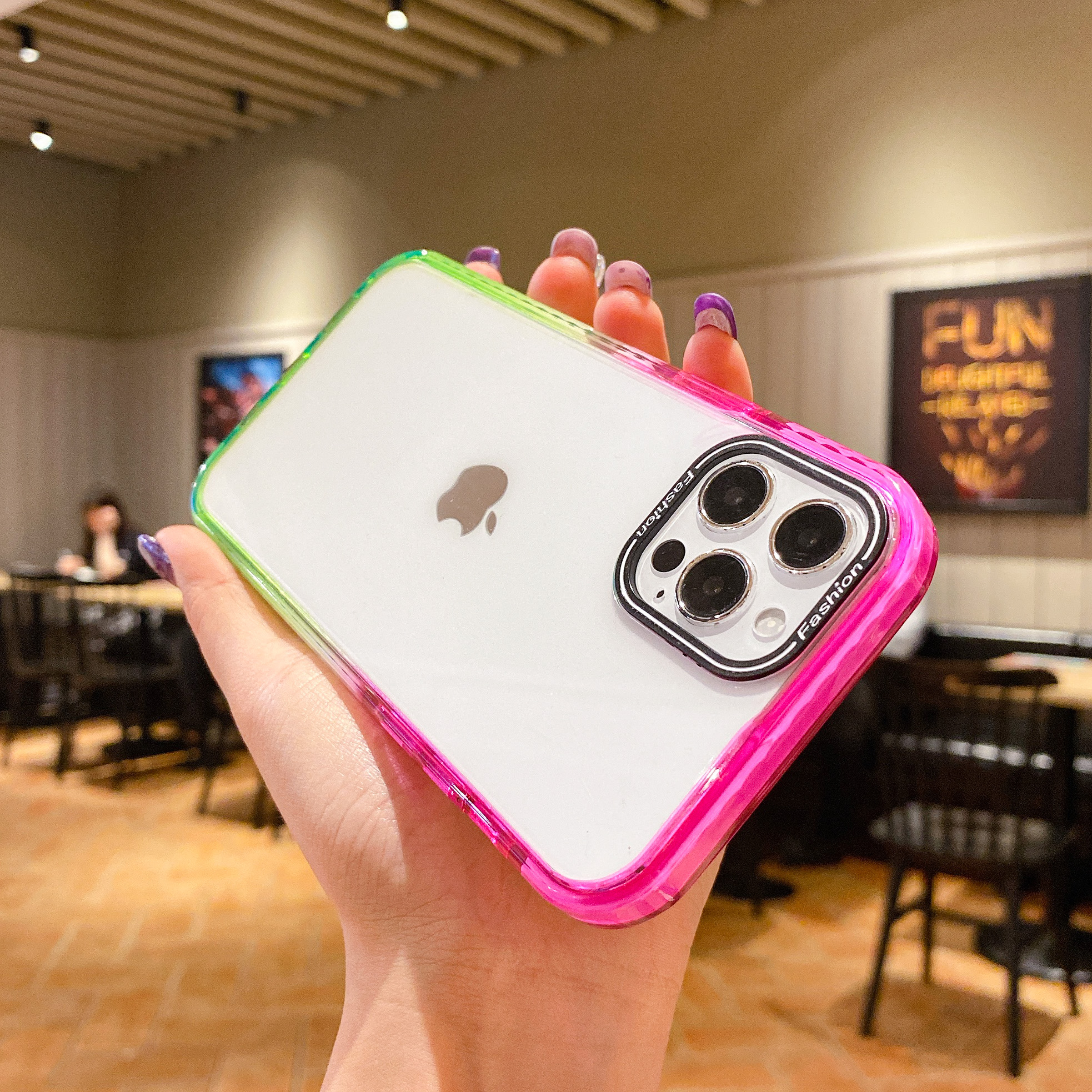 iPhone 13 mini átlátszó TPU tok rózsaszín-zöld színátmenetes kerettel ...